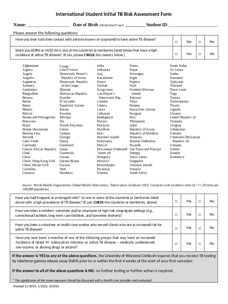 International Student Initial Tb Risk Assessment Doc Template | pdfFiller