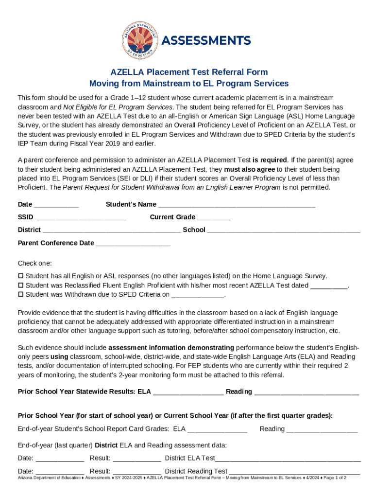 Azella Placement Test Referral Doc Template | pdfFiller