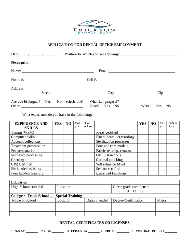 Dental Employment Application - Fill Online, Printable, ... Doc ...
