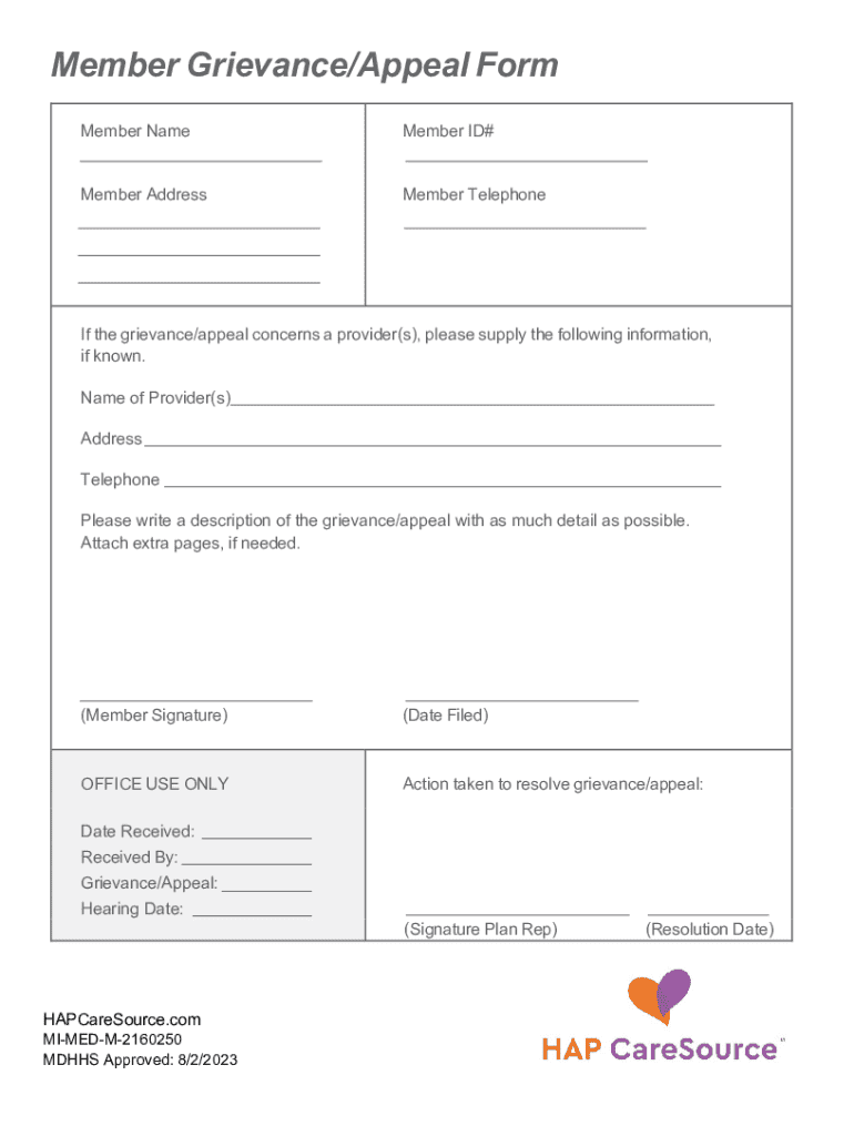 Fillable Online Member Grievance Appeal Form 2023 - Hapcaresource Fax ...