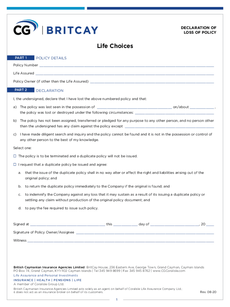 Fillable Online Declaration of Loss of Policy - Life Choices 2023 Fax ...