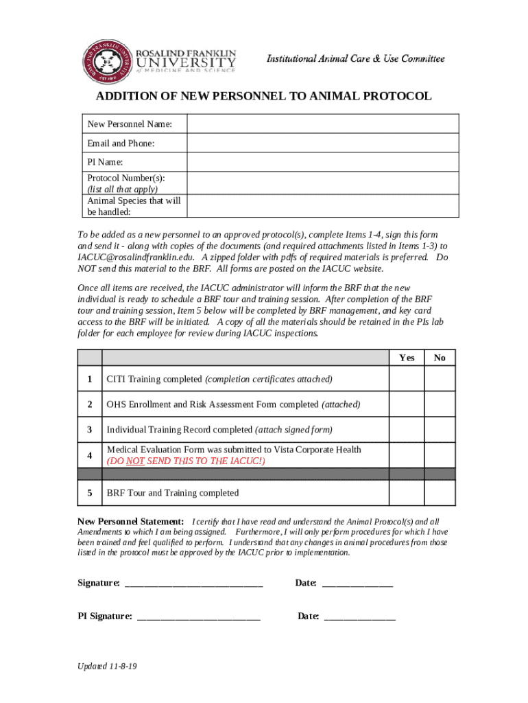Addition of New Personnel to Animal Protocol Doc Template | pdfFiller