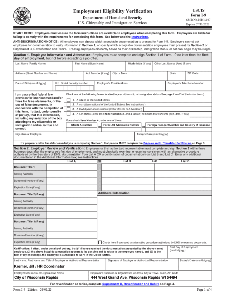 Fillable Online Employment Eligibility Verification Form I-9 - 2023 Fax ...