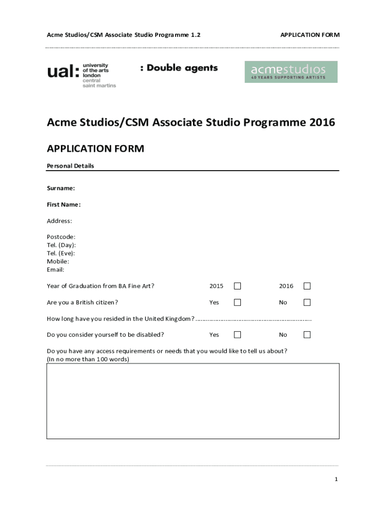 Fillable Online Acme Studios Csm Associate Studio Programme Application Form 2016 Fax Email ...