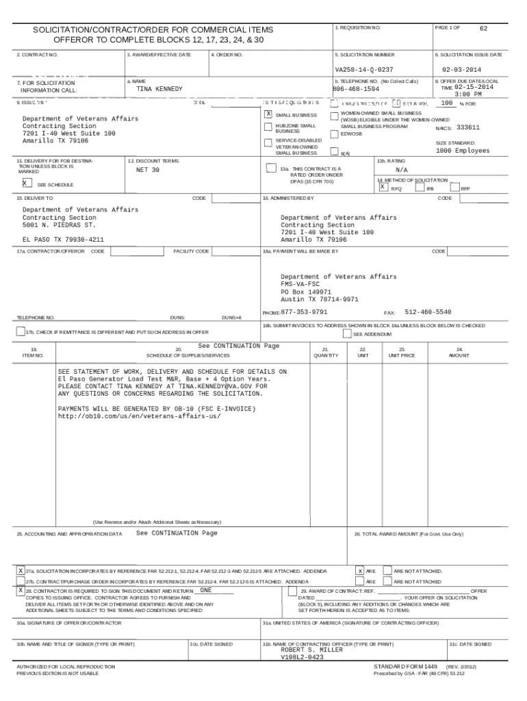 Sf 1449 Solicitation/contract/order for Commercial Items Doc Template ...