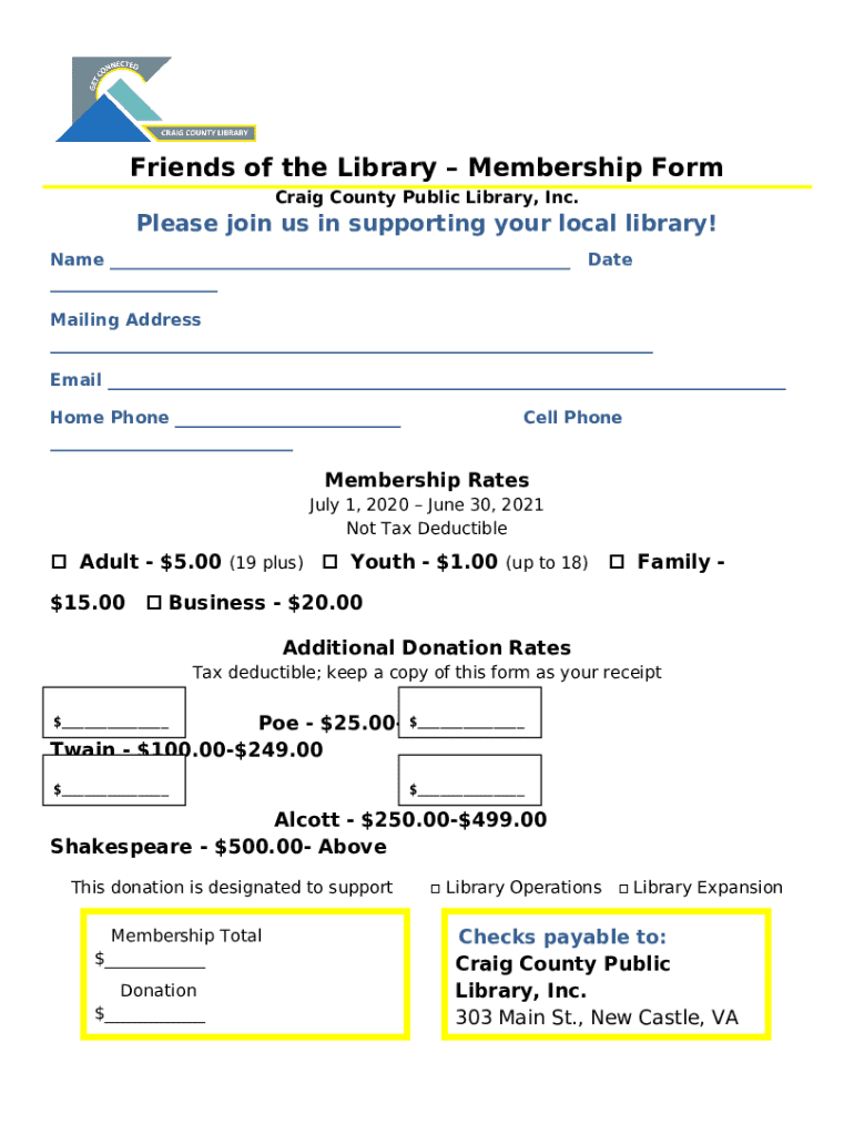 Friends of the Library – Membership Doc Template | pdfFiller