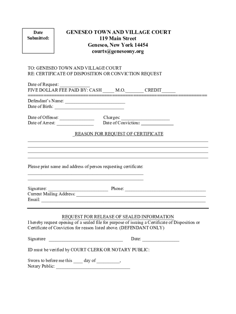 Fillable Online Certificate of Disposition Request - Geneseo Town and ...