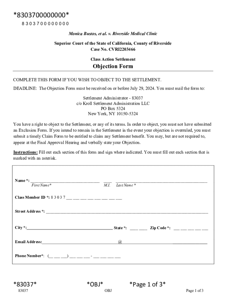 Fillable Online Objection Form for Class Action Settlement - 2024 Fax ...