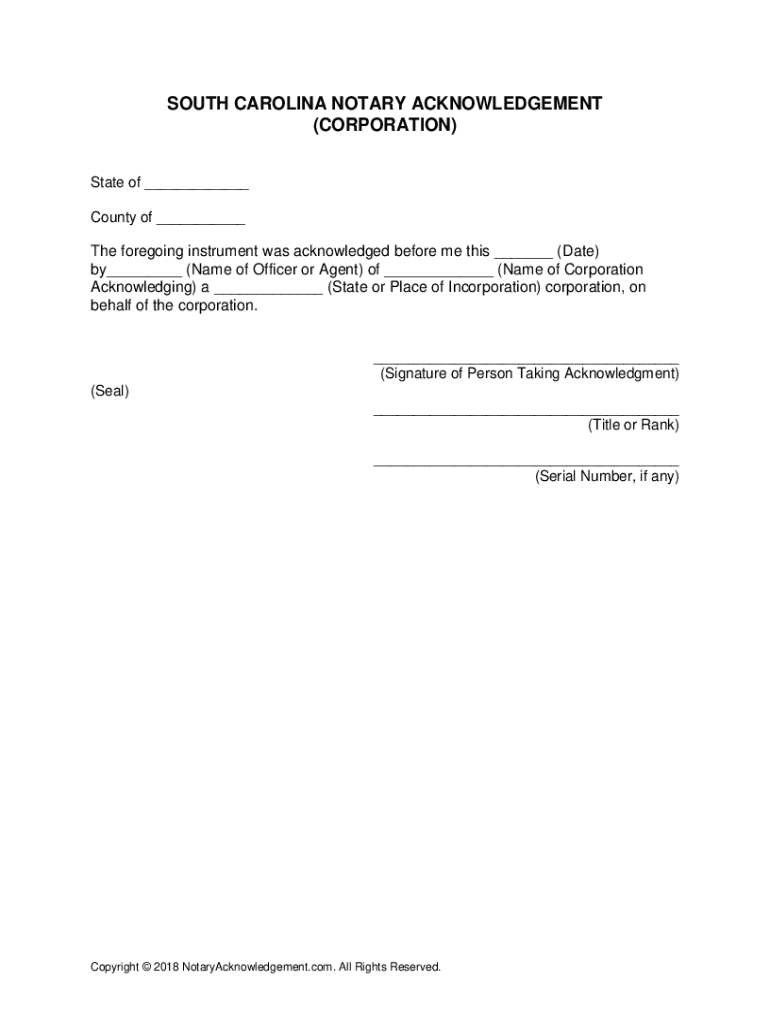 Fillable Online South Carolina Notary Acknowledgement for Corporations ...