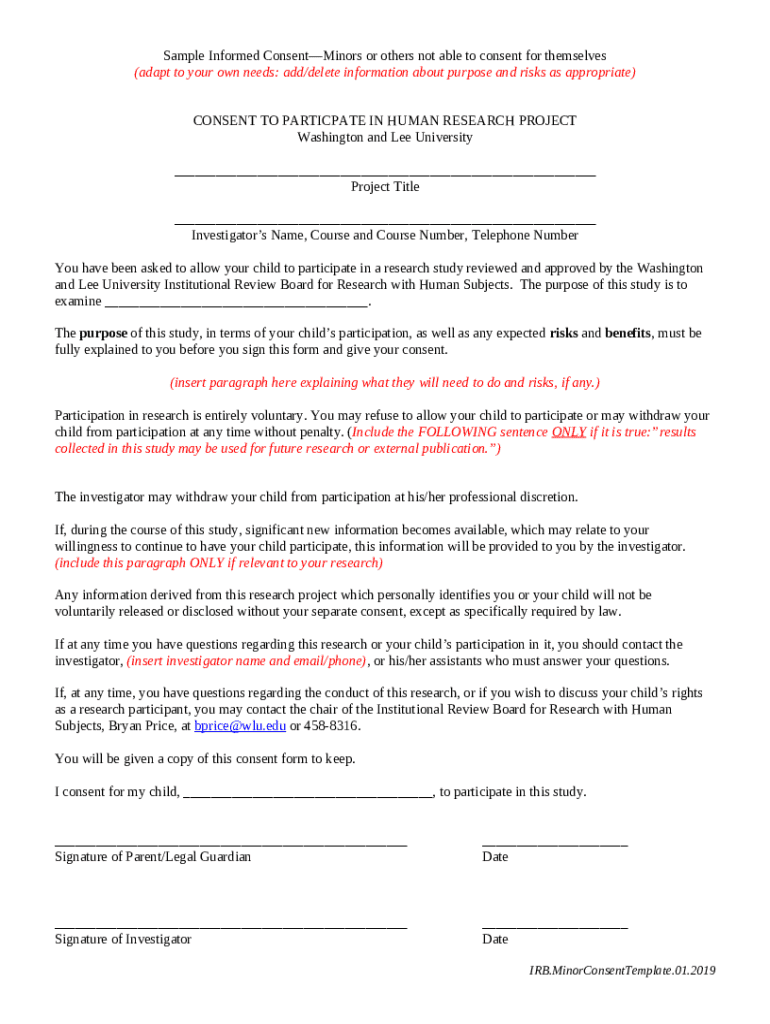 Sample Ined Consent for Minors Doc Template | pdfFiller