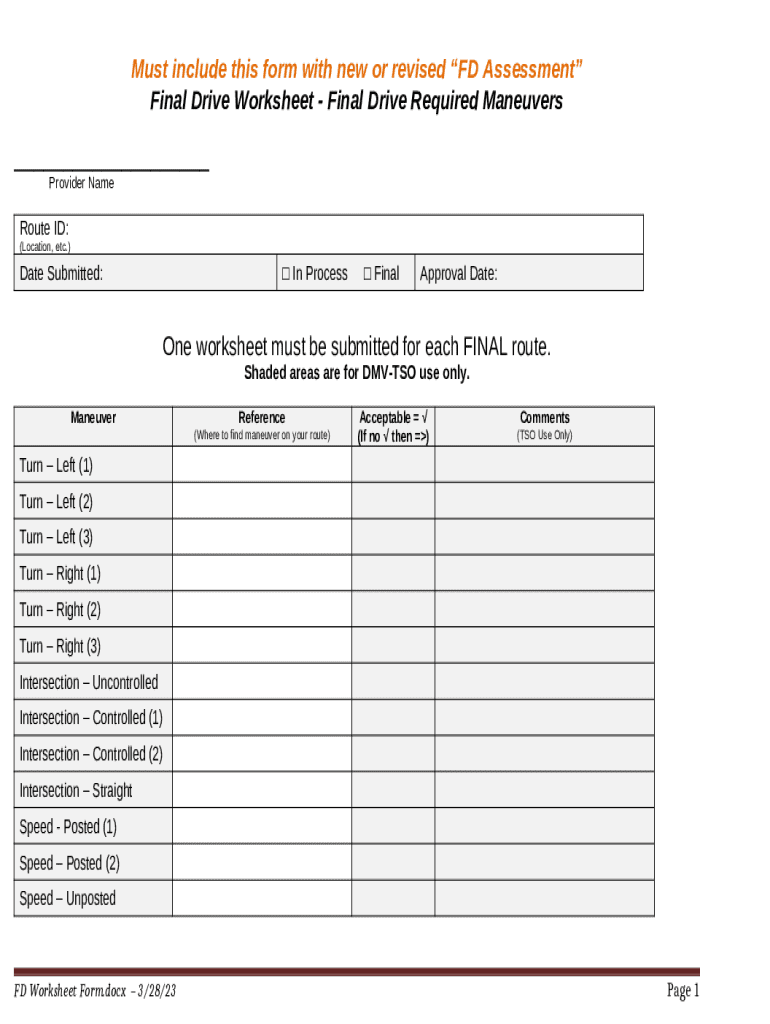 Final Drive Worksheet Doc Template | pdfFiller