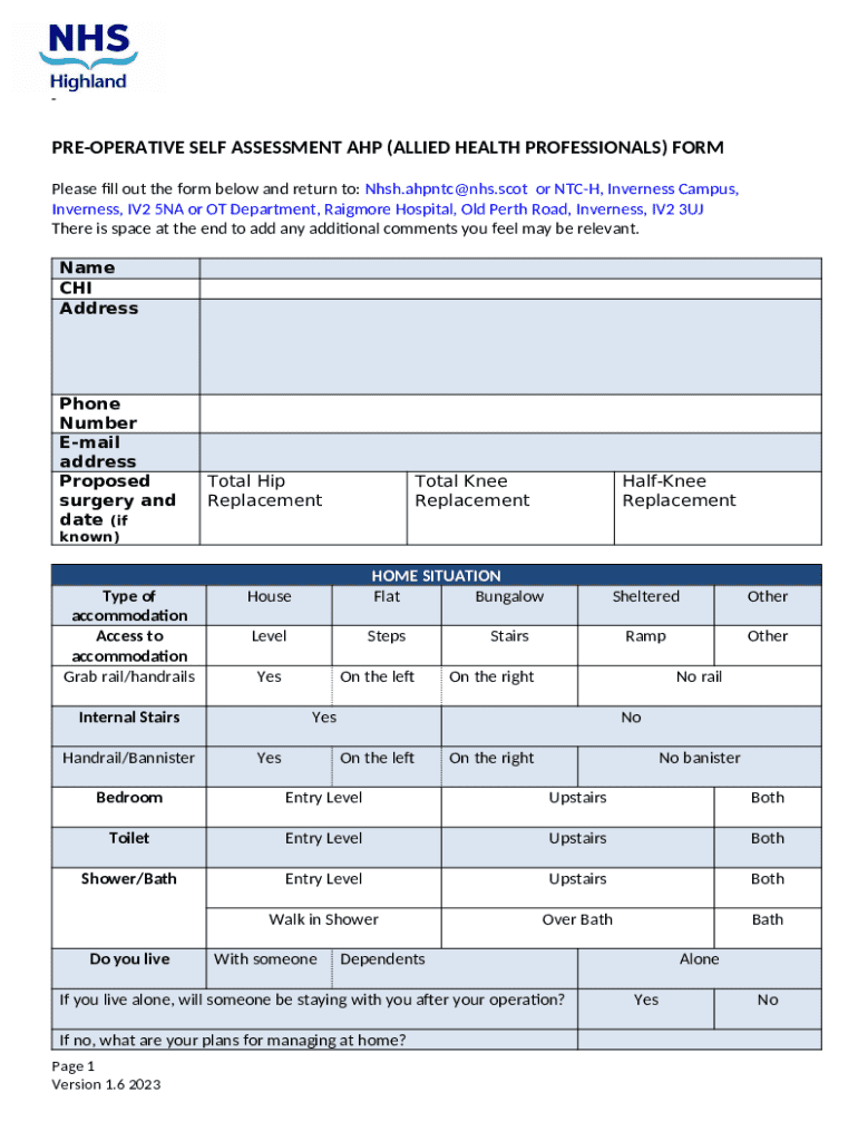 Pre-operative Self Assessment Ahp Doc Template | pdfFiller