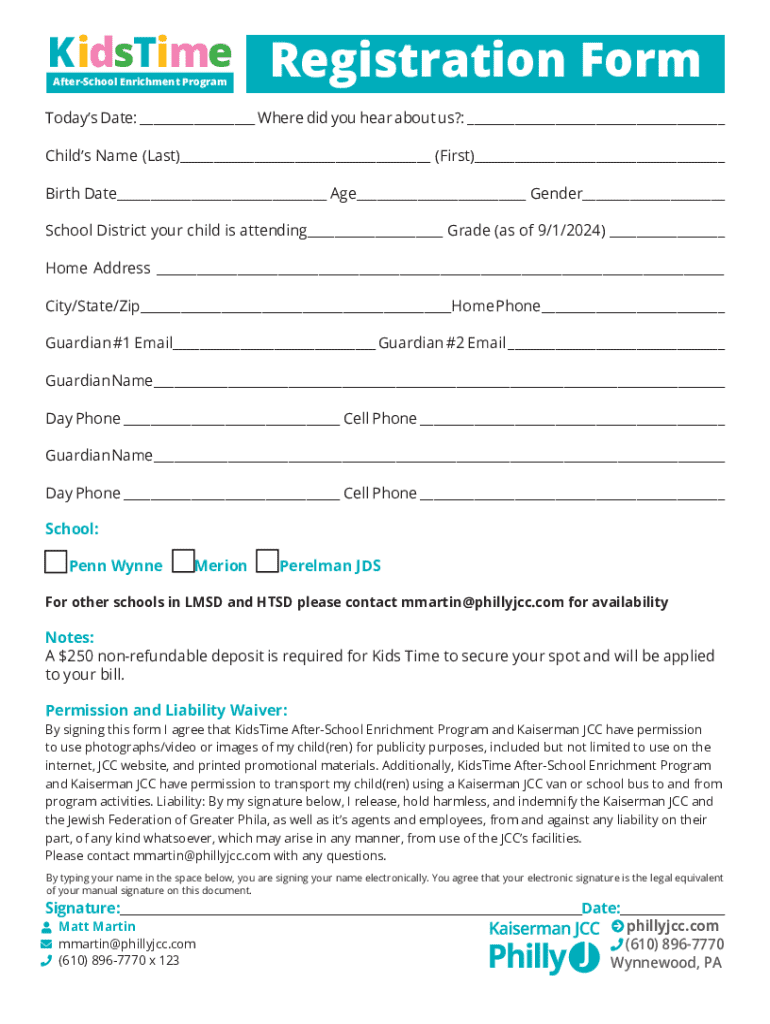Fillable Online Kidstime After-school Enrichment Program Registration ...