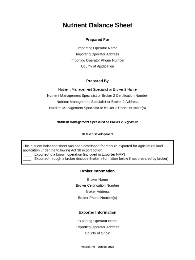 Nutrient Balance Sheet Doc Template | pdfFiller