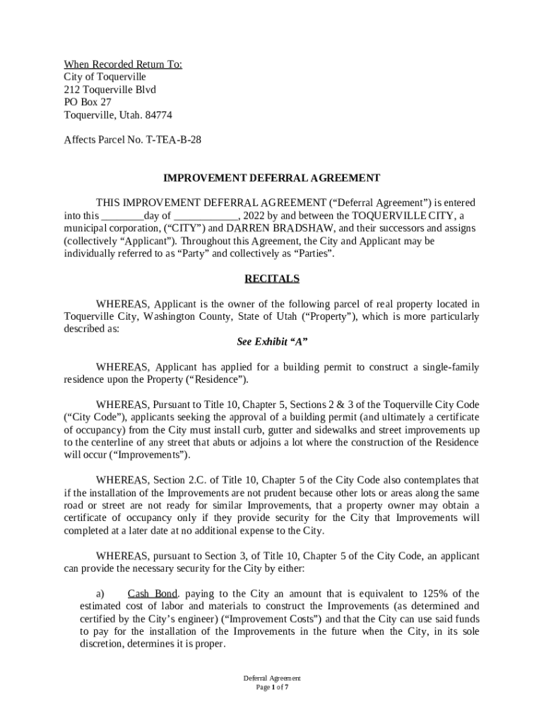 Improvement Deferral Agreement Doc Template | pdfFiller