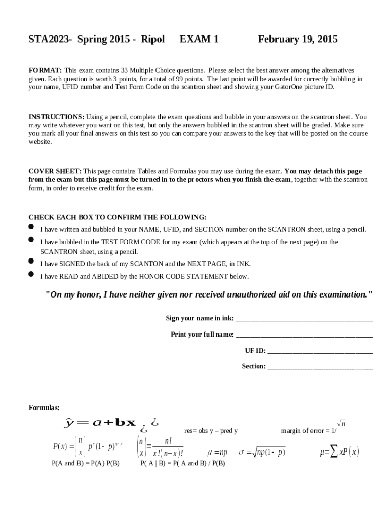Sta2023_spring2015_exam1 Doc Template | pdfFiller