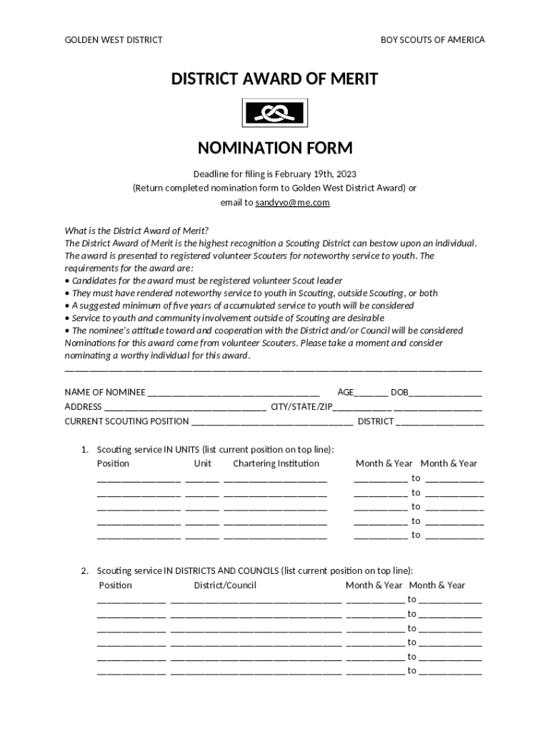 District Award of Merit Nomination Doc Template | pdfFiller
