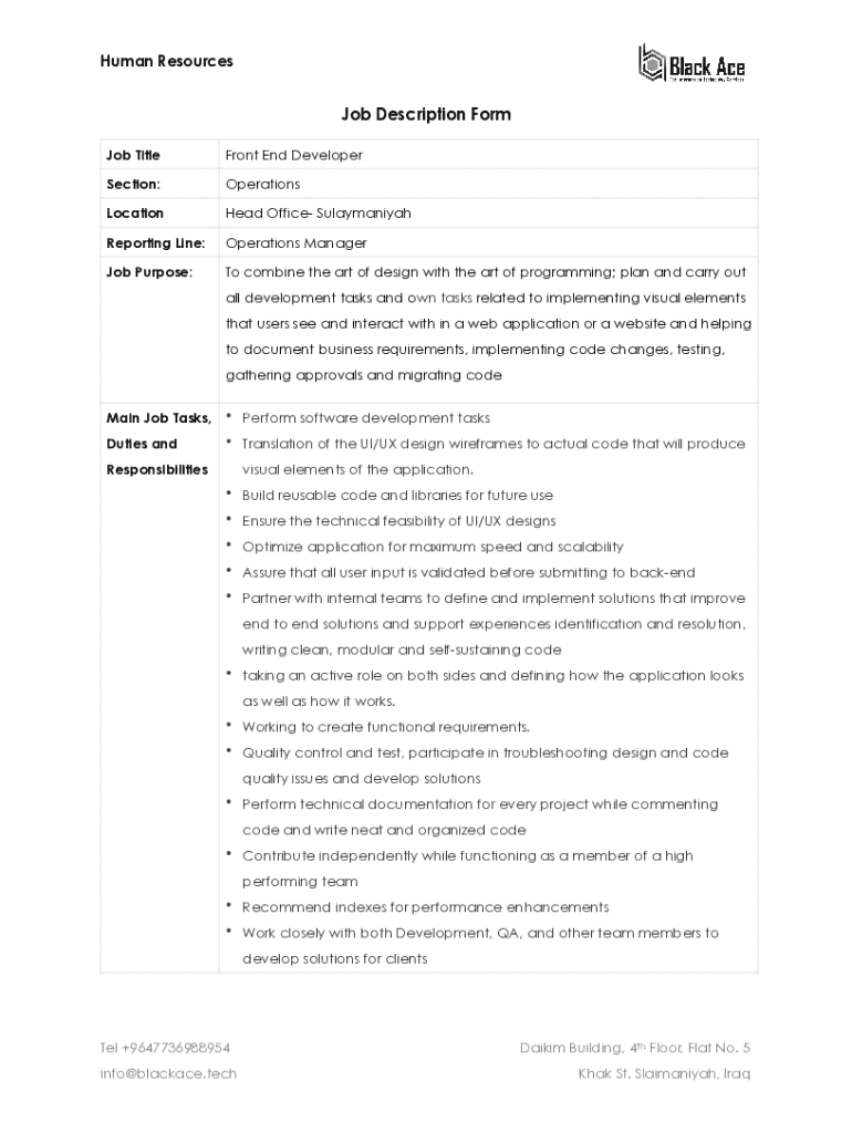 Fillable Online Front End Developer Job Description 2022 - Join Our ...