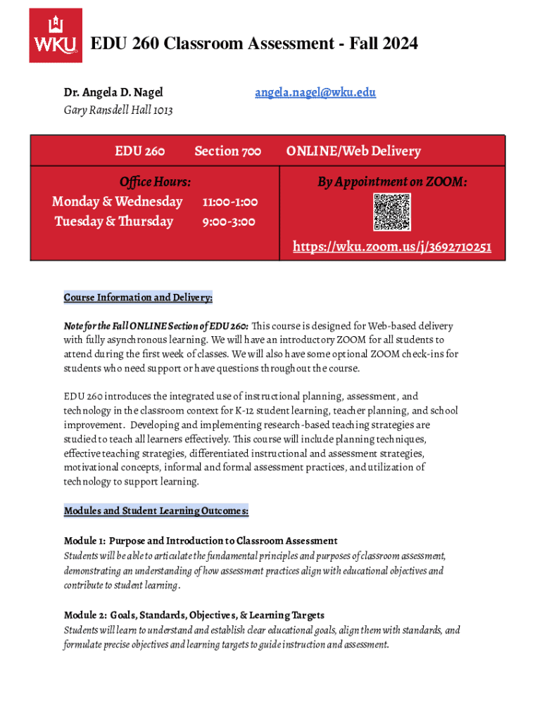 Fillable Online Edu 260 Classroom Assessment Course Information for ...