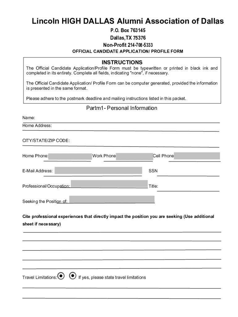 Fillable Online Candidate Application Profile Form 2023 | Lincoln High ...