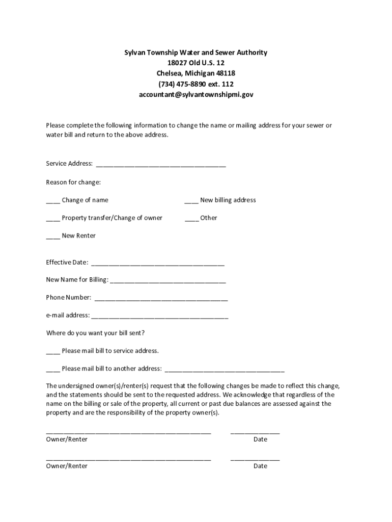 Fillable Online Billing Change Request Form - Sylvan Township Water and ...
