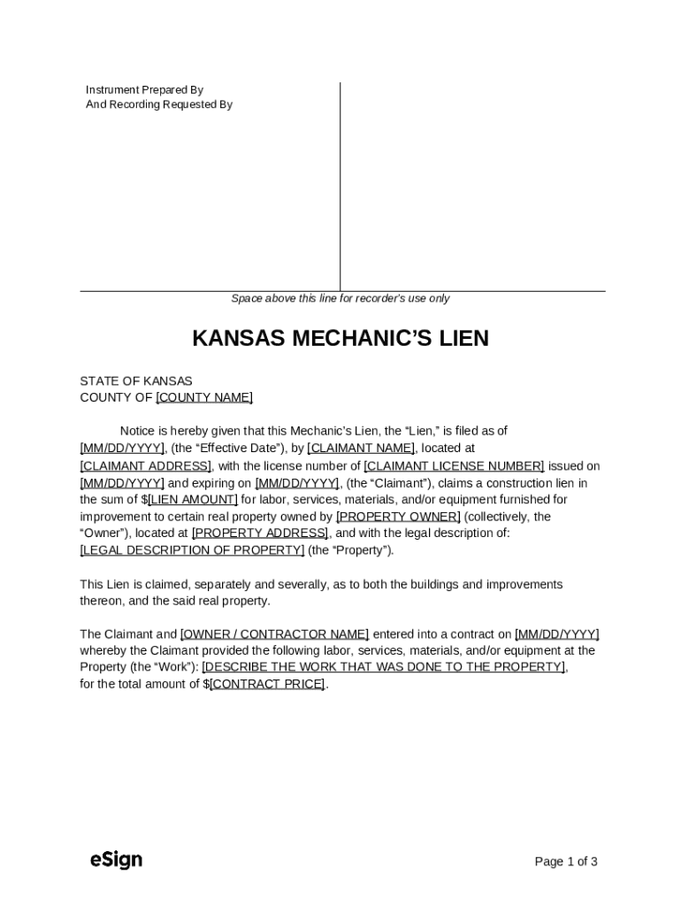 Kansas Mechanic's Lien Template Doc Template | pdfFiller