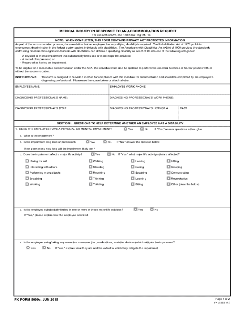 Fillable Online Fort Knox Form 5099a, Medical Inquiry in Response to an ...
