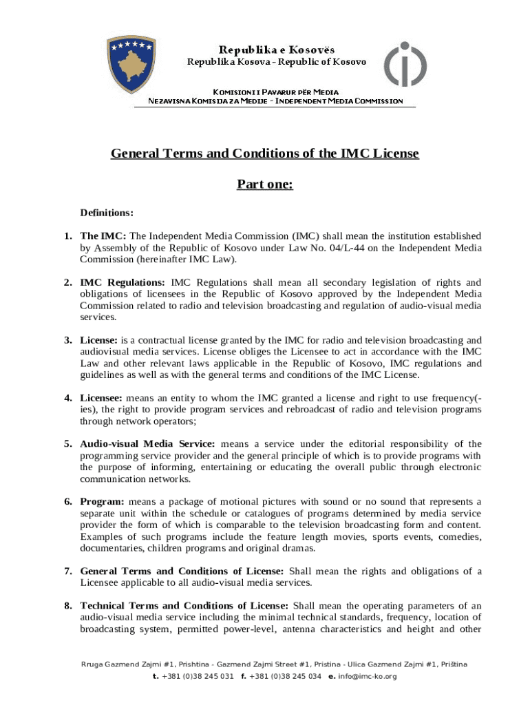 General Terms and Conditions of the IMC License Part one Doc Template | pdfFiller