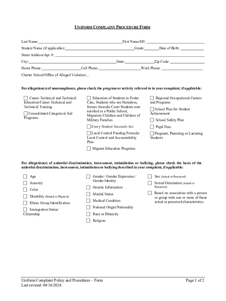 Fillable Online Uniform Complaint Procedure Form 2024 - Report Violations Effectively Fax Email ...