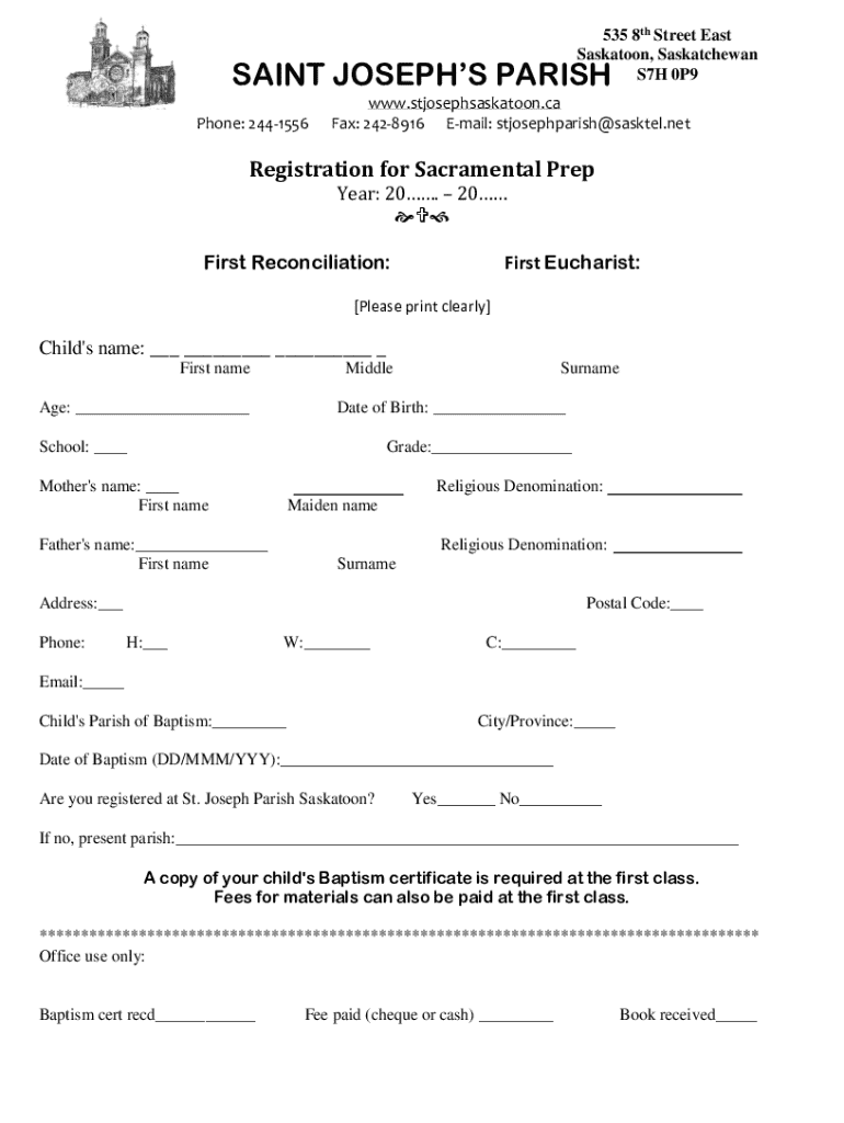 Fillable Online Sacramental Preparation Registration Form 2023-2024 ...