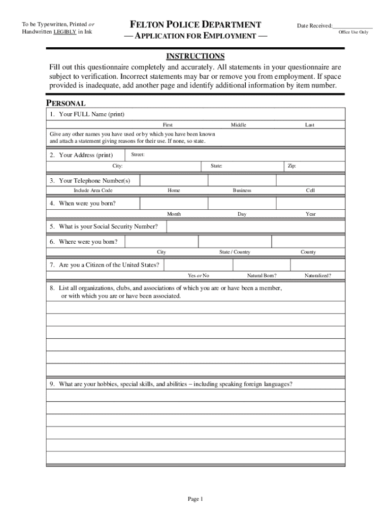 Fillable Online Felton Police Department Application for Employment Fax Email Print - pdfFiller