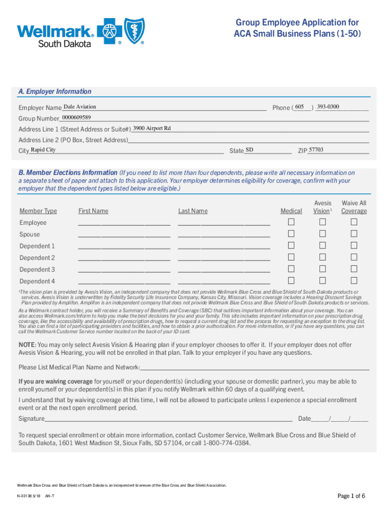 Fillable Online Group Employee Application for Aca Small Business Plans ...
