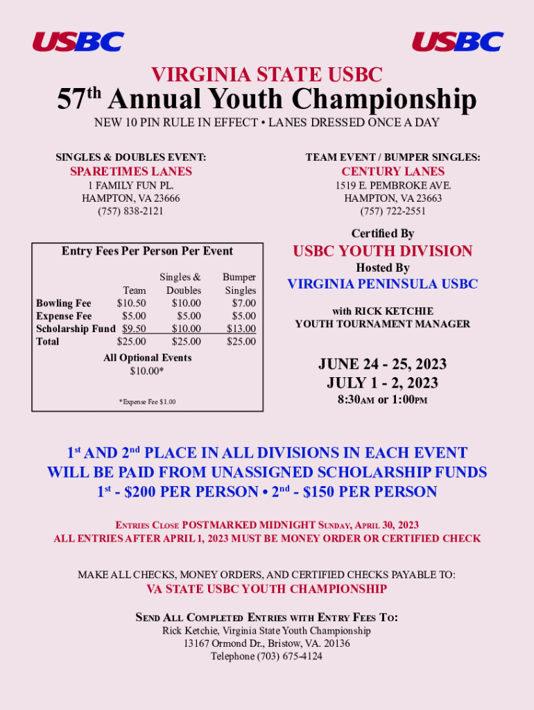 Fillable Online 2023 Virginia State Usbc 57th Annual Youth Championship ...