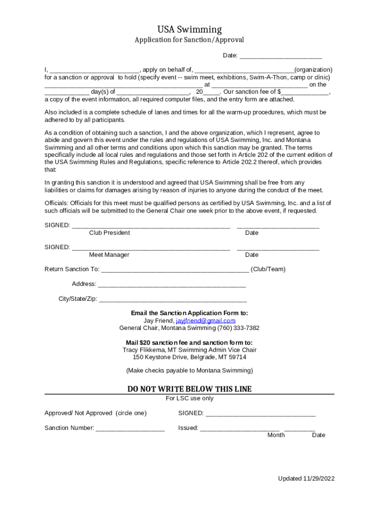 Usa Swimming Application for Sanction/approval Doc Template | pdfFiller