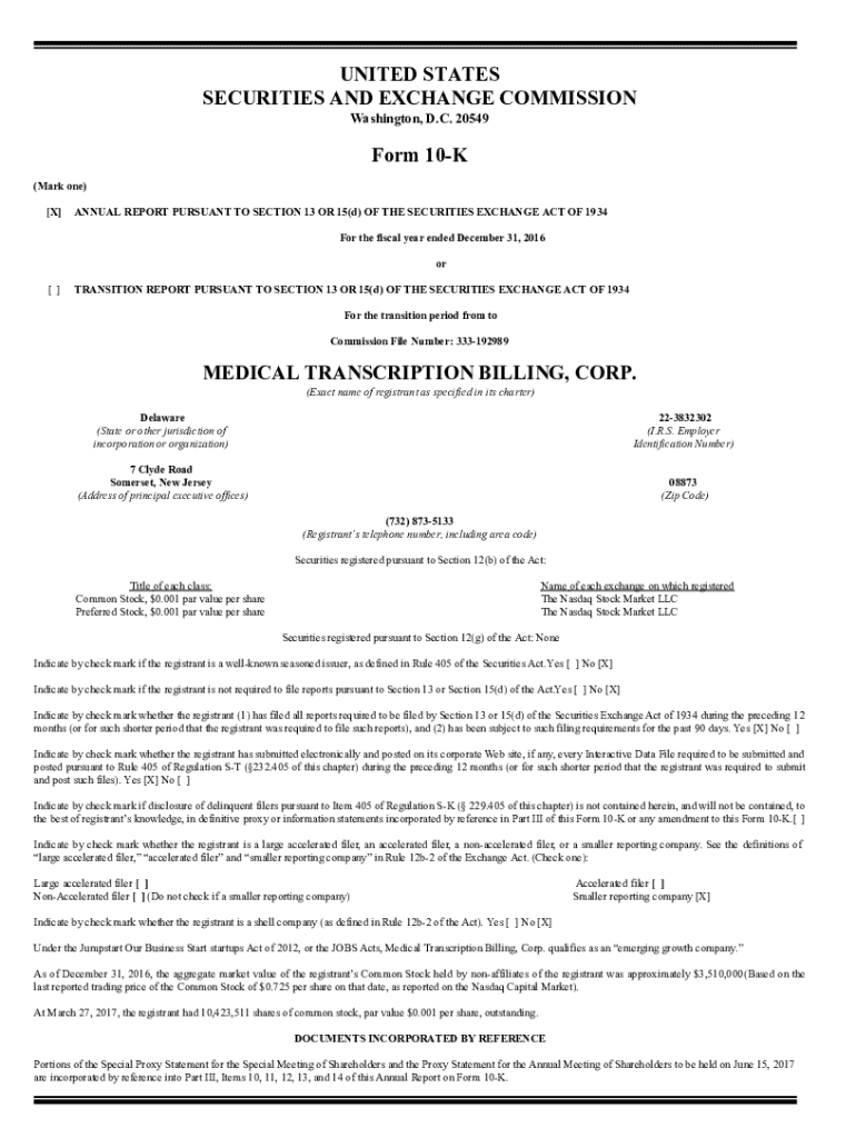 Fillable Online Annual Report 10-k for Medical Transcription Billing ...