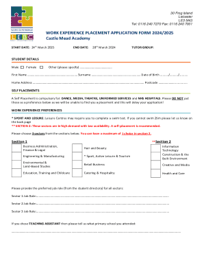 Fillable Online Work Experience Placement Application Form 2024/2025 ...