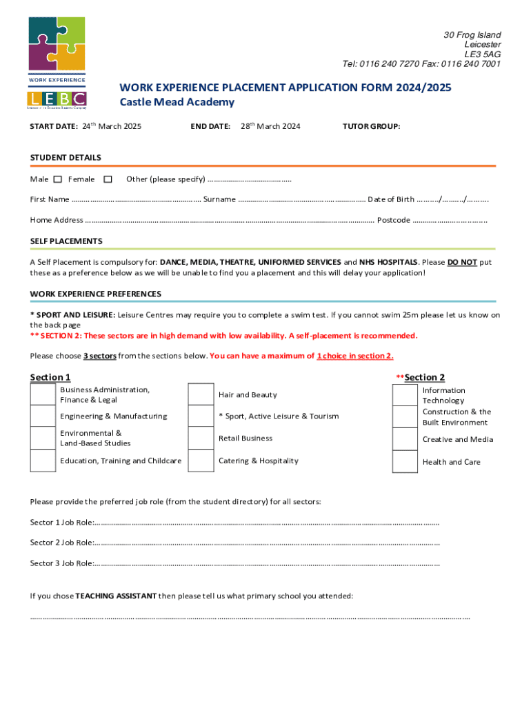 Fillable Online Work Experience Placement Application Form 2024/2025 for Castle Mead Academy Fax ...