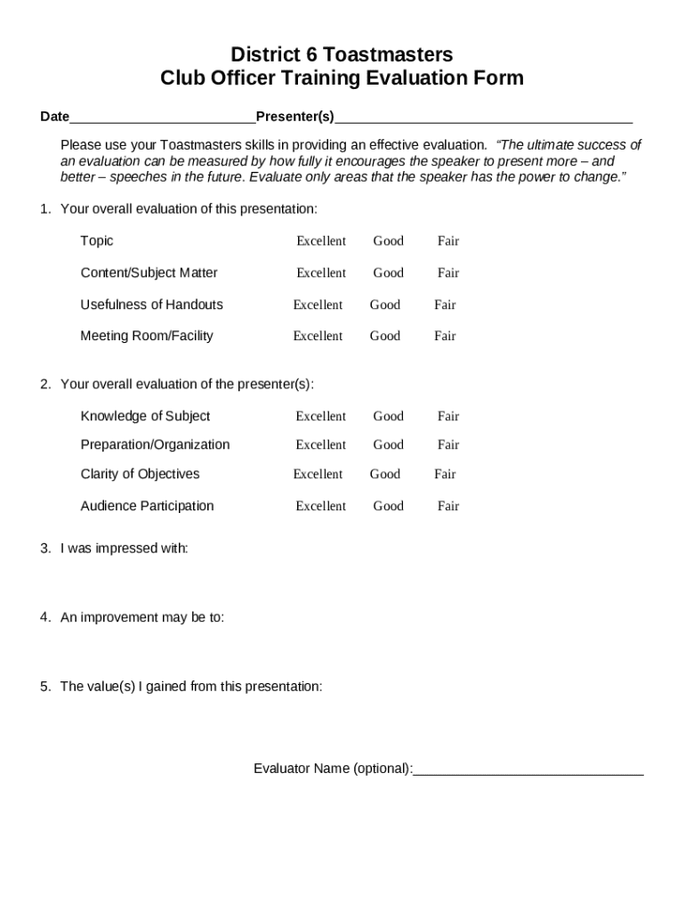 District 6 Toastmasters Club Officer Training Evaluation Doc Template | pdfFiller