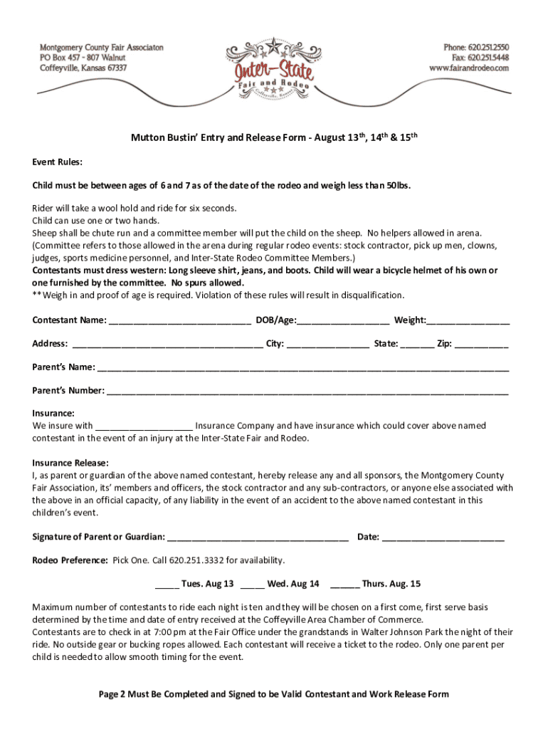 Fillable Online Mutton Bustin' Entry and Release Form - Rodeo 2024 Fax Email Print - pdfFiller
