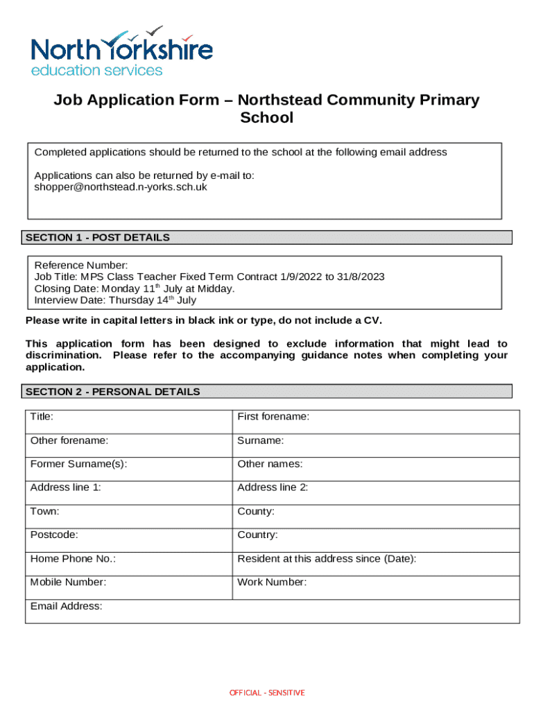 Job Application - Northstead Community Primary School Doc Template | pdfFiller