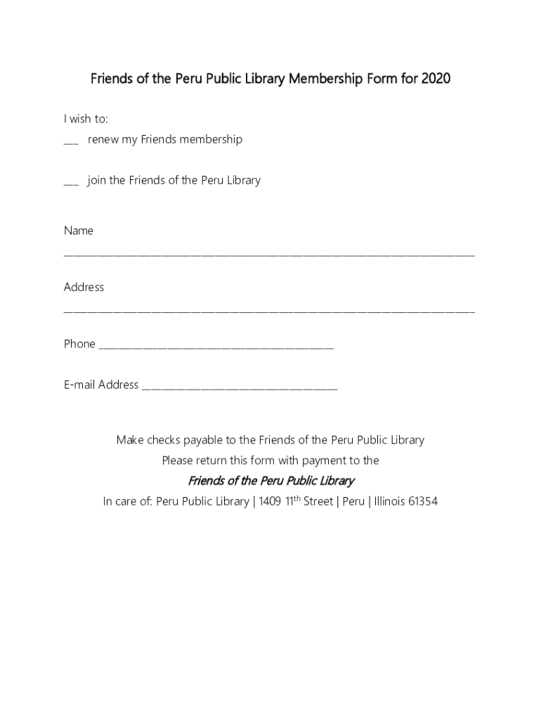 Fillable Online Friends of the Peru Public Library Membership Form 2020 ...