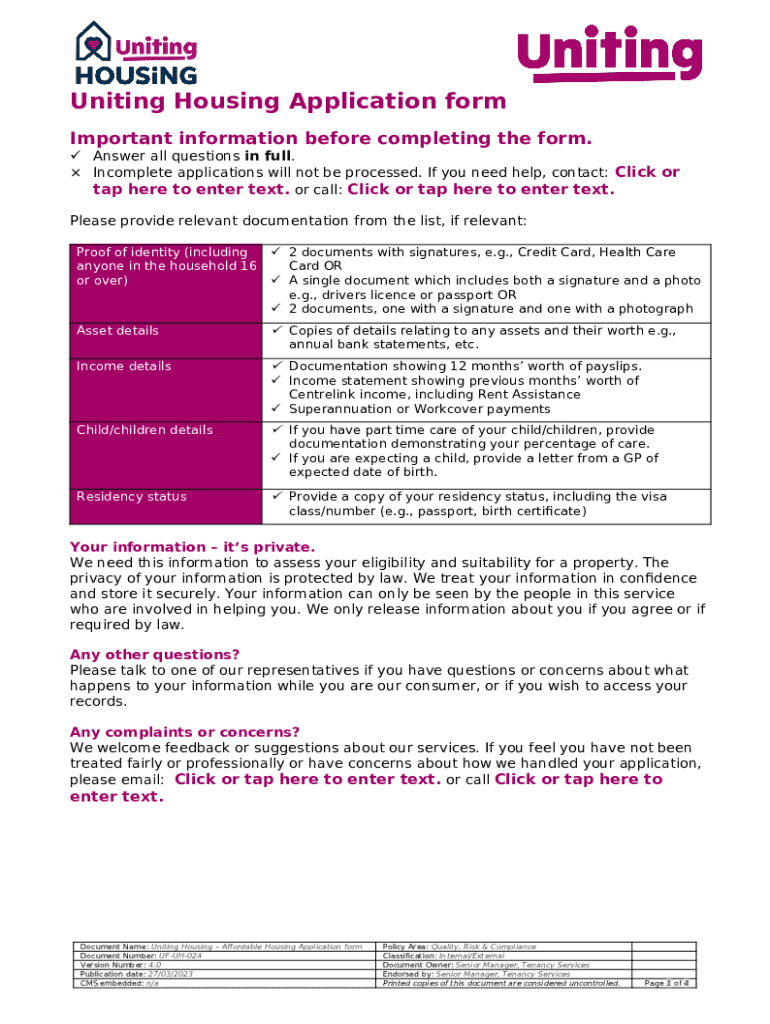 Uniting Housing Application Doc Template | pdfFiller