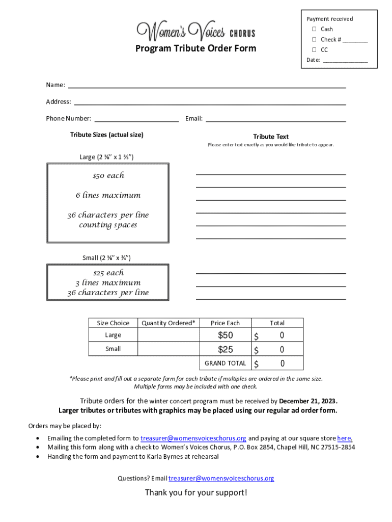 Fillable Online 2023 Program Tribute Order Form - Women's Voices Chorus ...