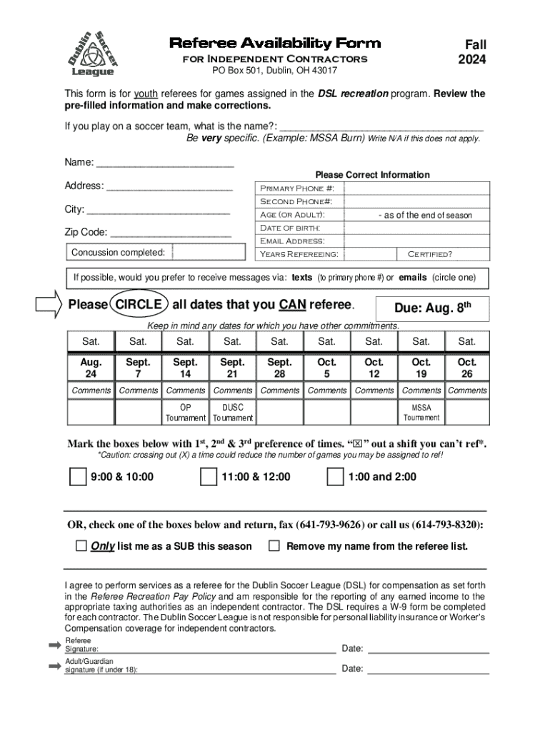 Fillable Online Fall 2024 Independent Contractor Referee Form for ...