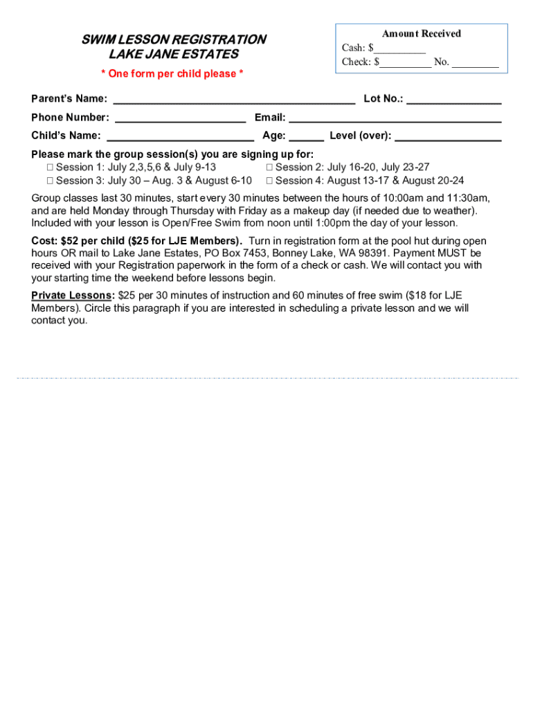 Fillable Online Swim Lesson Registration 2023 at Lake Jane Estates Fax ...