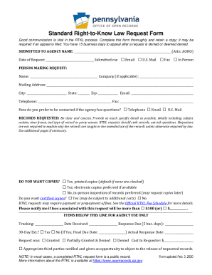 Fillable Online Standard Right-to-know Law Request Form - Altoona Water ...