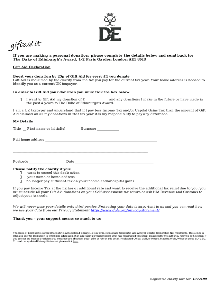 Gift Aid Declaration Doc Template | pdfFiller