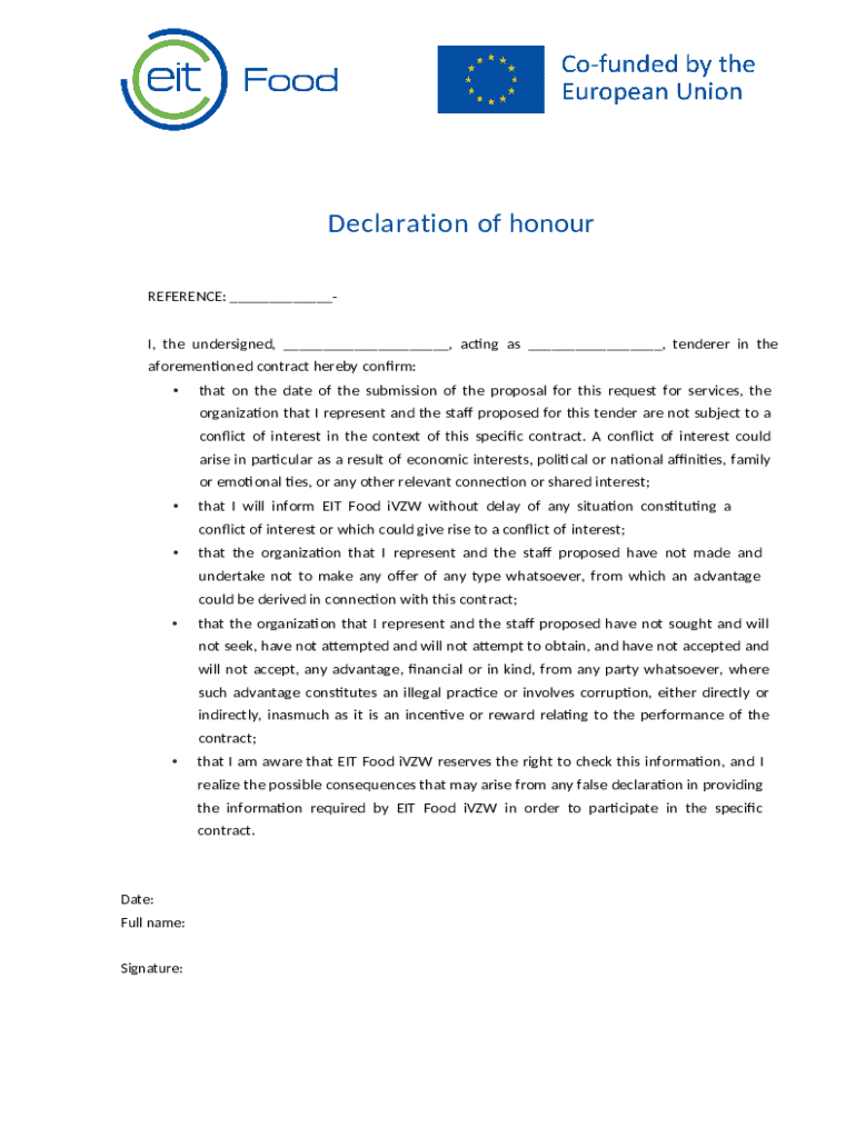 declaration of honor template Doc Template | pdfFiller