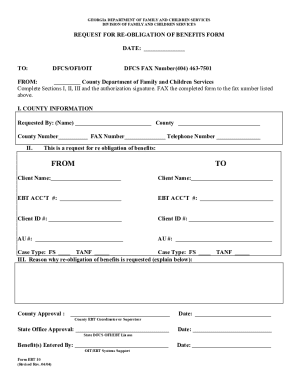 Fillable Online Request for Re-obligation of Benefits - Georgia Dfcs ...