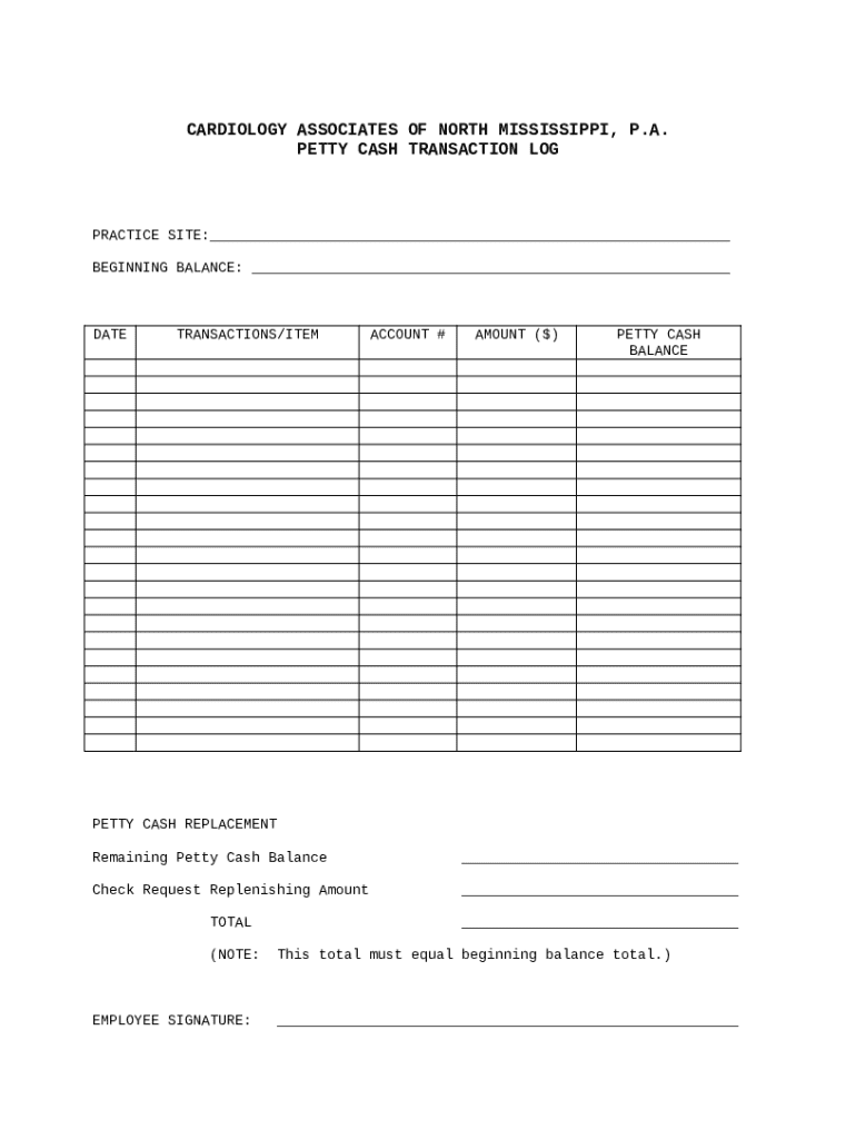 Petty Cash Transaction Log Doc Template | pdfFiller